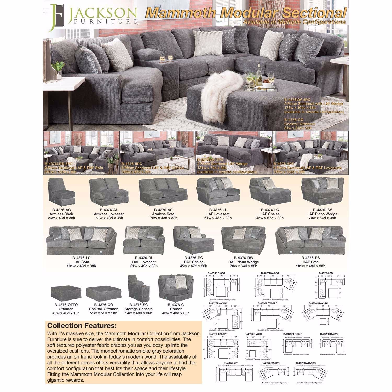 Mammoth 3PC Sectional with RAF Chaise | B-4376RC-3PC | AFW.com